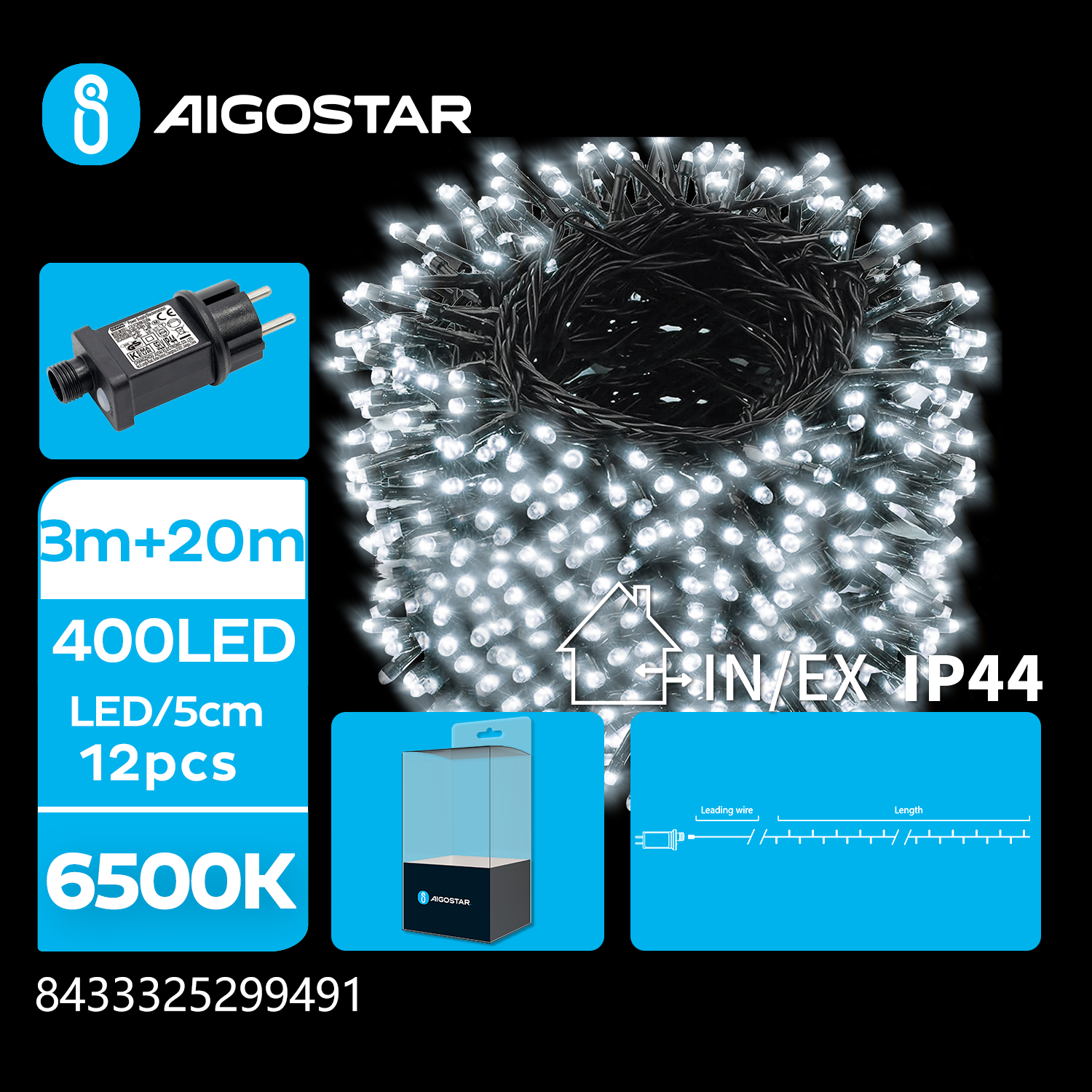 Lampki choinkowe 400 LED barwa zimna 6500K IP44 20m - LEDisON.com.pl