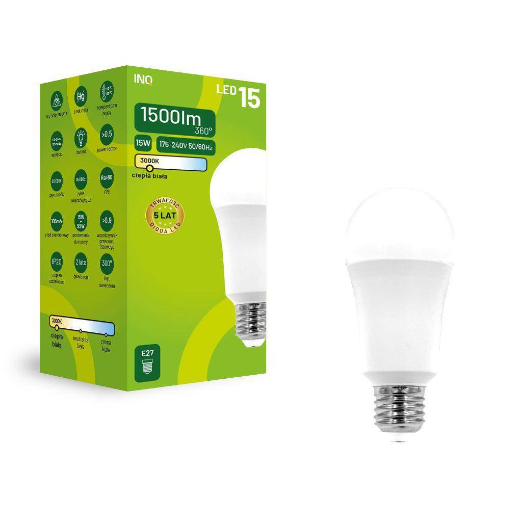 Żarówka LED A60 E27 15W BULB 1500lm 3000K INQ - LEDisON.com.pl